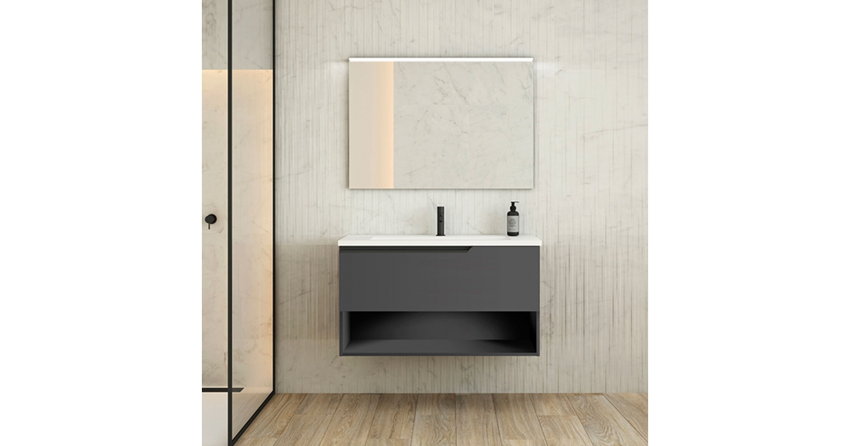 Mueble de baño suspendido 1 cajón/1 hueco con lavabo color Ceniza ...